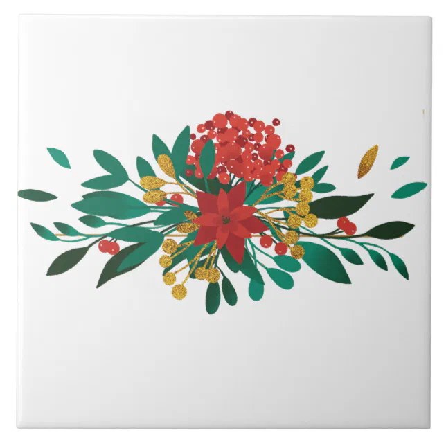 Modern Red Green & Gold Christmas Floral Ceramic Tile | Zazzle
