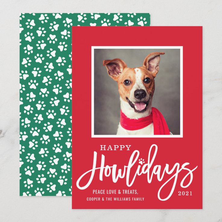 Modern Red Green Happy Howlidays Puppy Dog Photo Holiday Card | Zazzle