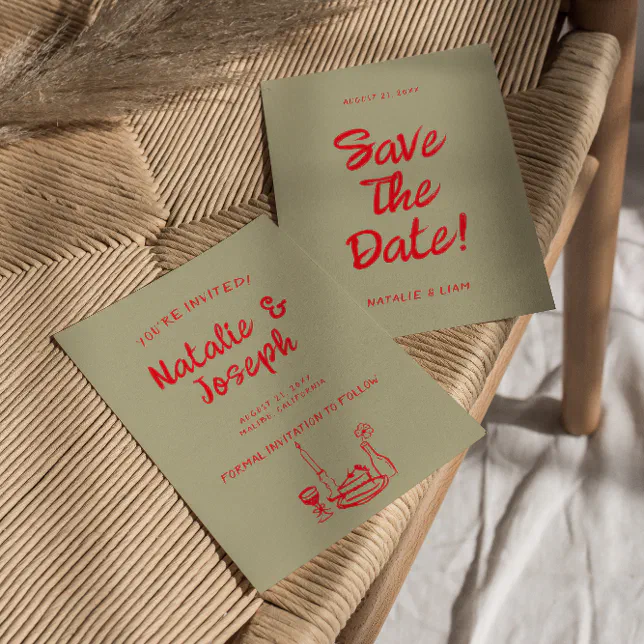 Modern Red Hand Drawn Bold Retro Quirky Wedding Save The Date | Zazzle