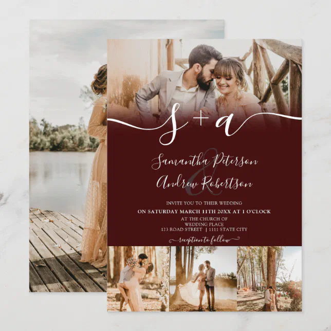 Modern red initials script 5 photos wedding invitation | Zazzle