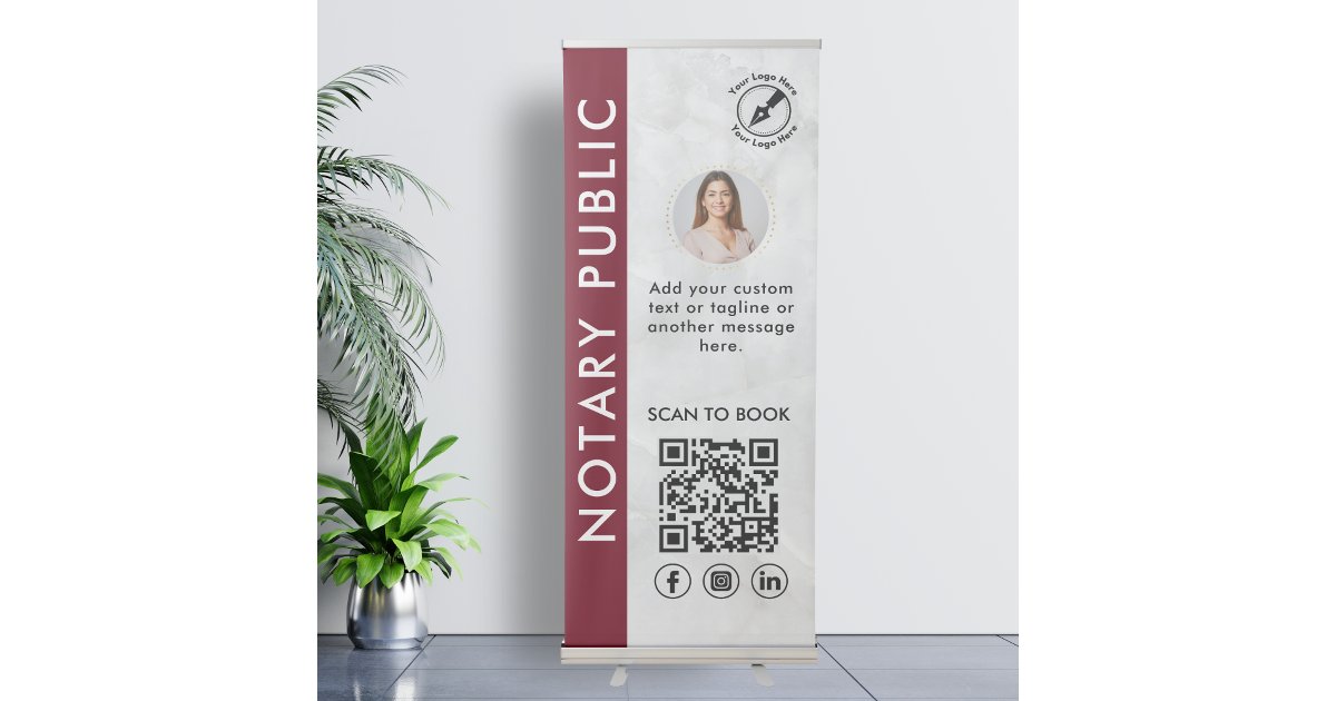 Modern Red | Marble Notary Public Photo Logo QR Retractable Banner | Zazzle