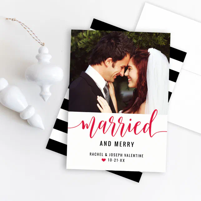 Modern Red Married and Merry Wedding Photo Holiday Card | Zazzle
