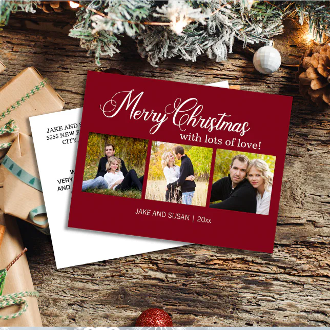 Modern Red Merry Christmas 3 Photo Year Holiday Postcard | Zazzle