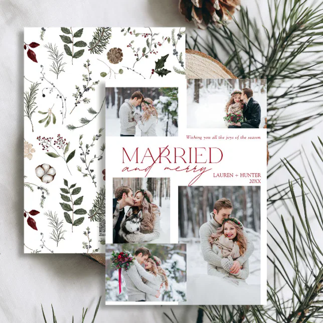 Modern Red Merry & Married Photo Newlywed Holiday Card | Zazzle