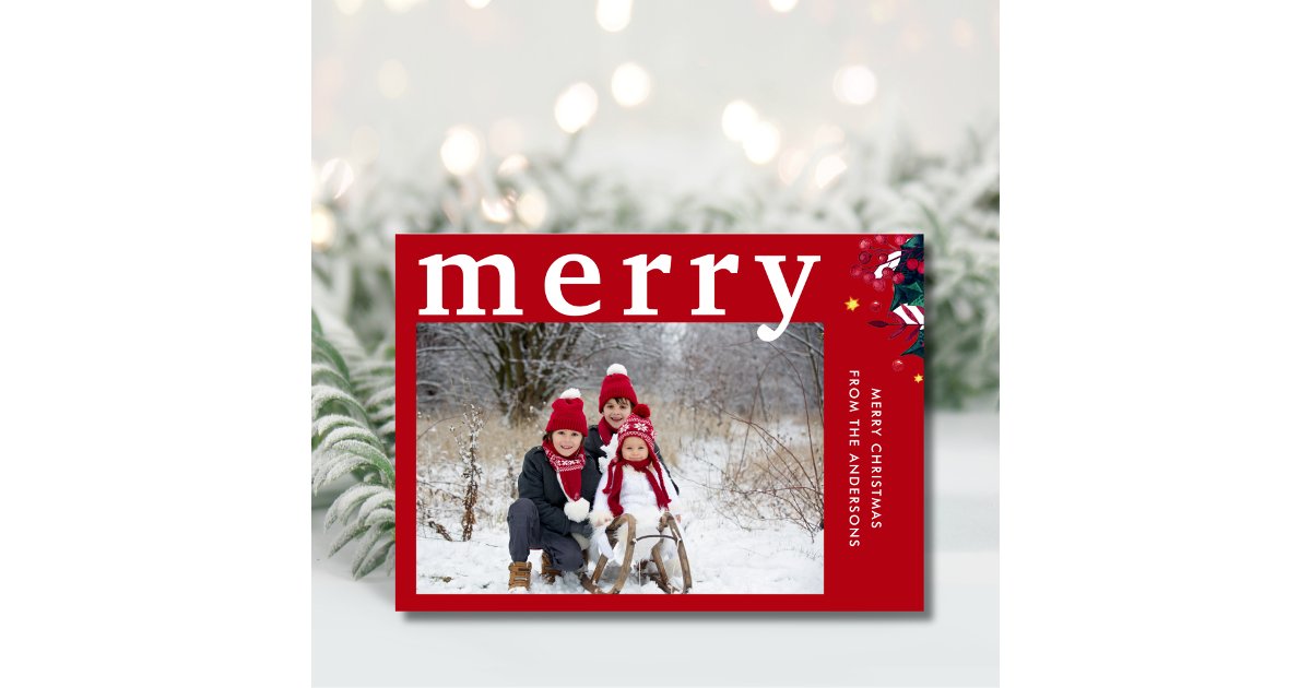 Modern Red Merry Photo Holiday Card | Zazzle