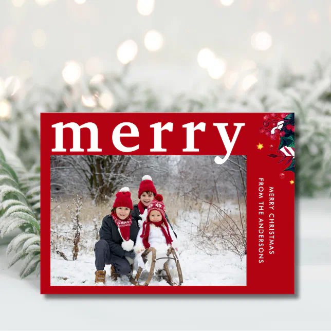 Modern Red Merry Photo Holiday Card | Zazzle