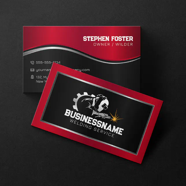 Modern Red Metallic Welding Fabricator Contractor Business Card | Zazzle