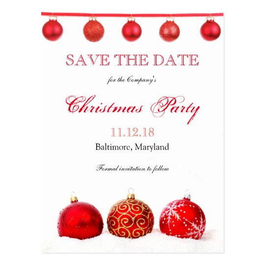 Modern Red Ornaments Save The Date Christmas Party Postcard Zazzle