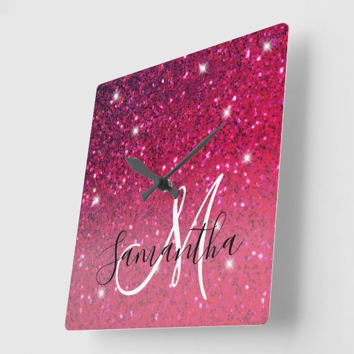 Modern Red & Pink Glitter Sparkles Name Square Wall Clock | Zazzle