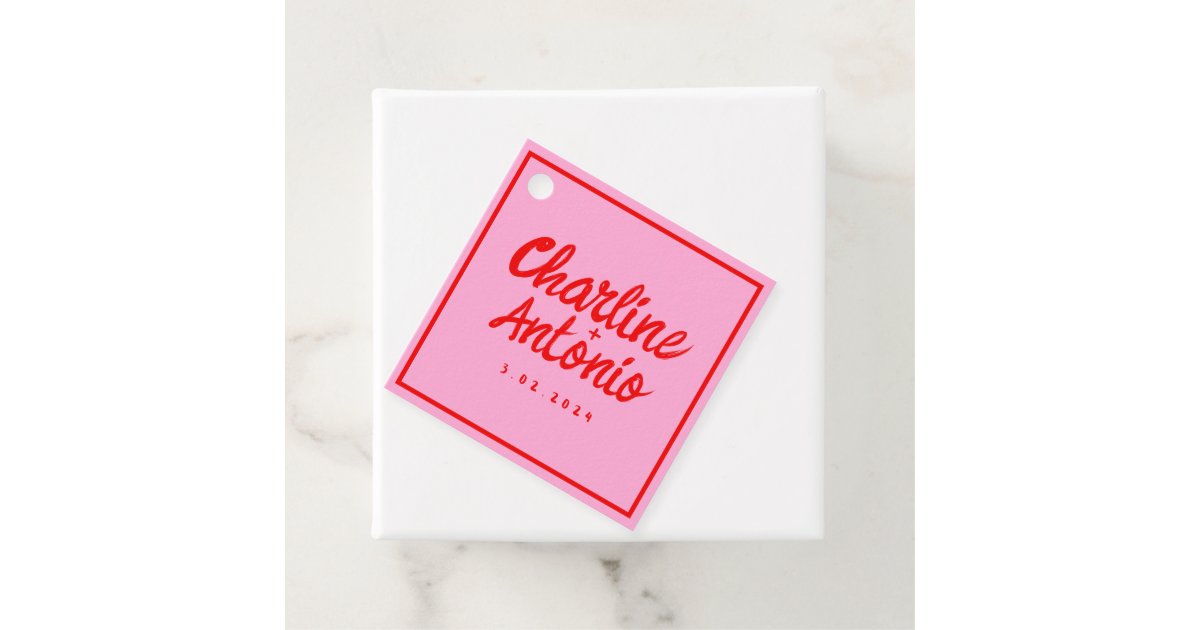 Modern Red pink Handwriting Retro Wedding Favor Tags | Zazzle
