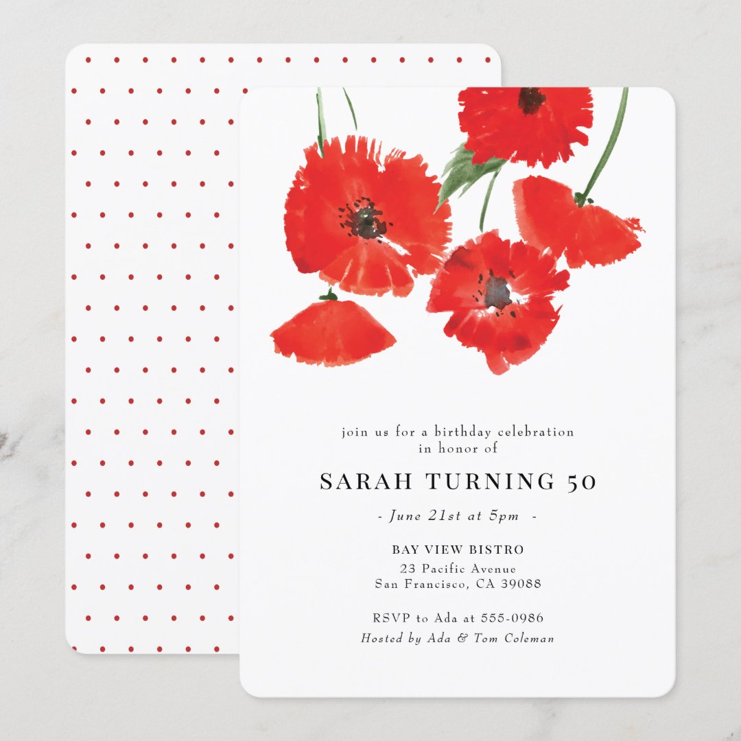 Modern Red Poppy Watercolor Birthday Invitation | Zazzle
