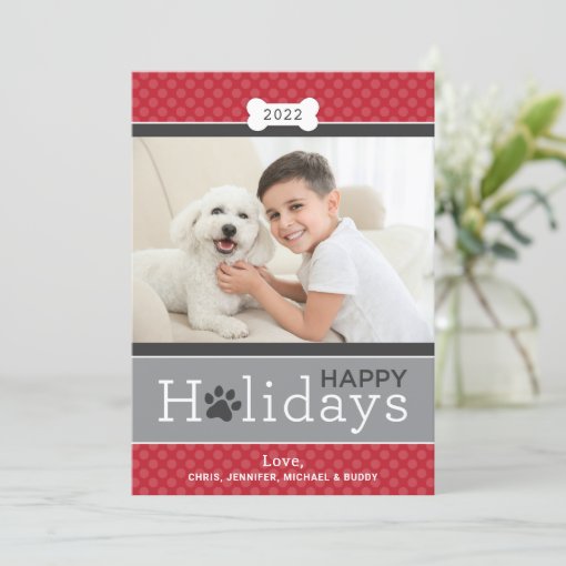 Modern Red Puppy Dog Theme Happy Holidays Holiday Card | Zazzle