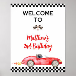 Modern Red Race Car Birthday Welcome Sign | Zazzle