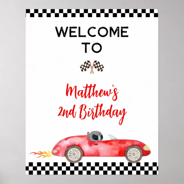 Modern Red Race Car Birthday Welcome Sign | Zazzle