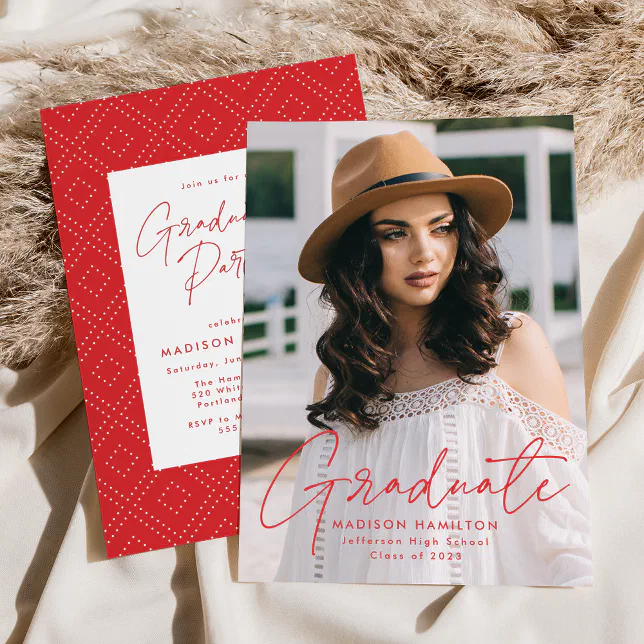 Modern Red Script Photo Graduation Party Invitation | Zazzle