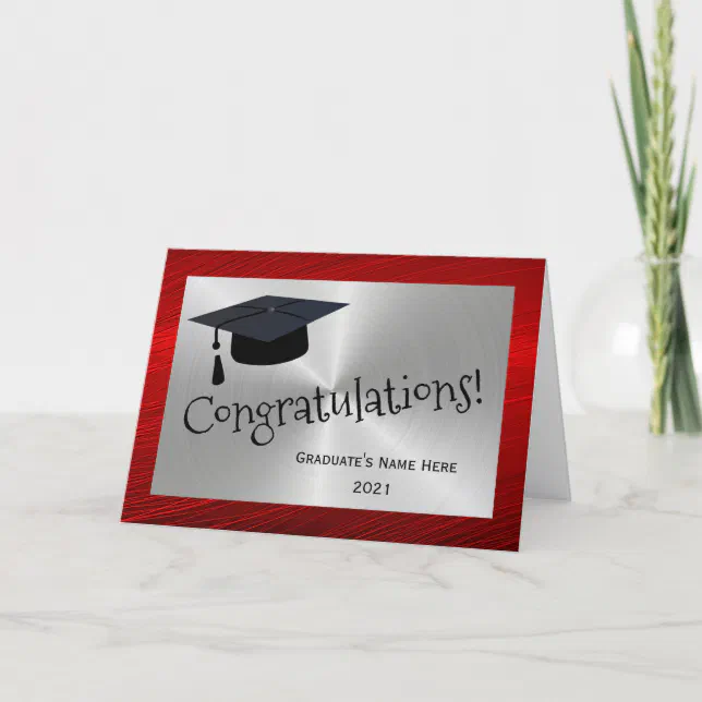 Modern Red Silver Cap Congratulations Graduation Card | Zazzle