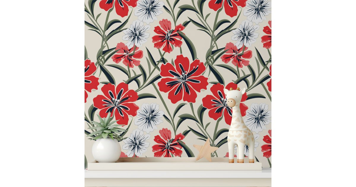 Modern Red White Floral Pattern Wallpaper | Zazzle