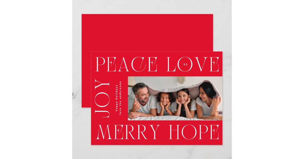 Modern Red White MERRY JOY PEACE LOVE photo Holiday Card | Zazzle