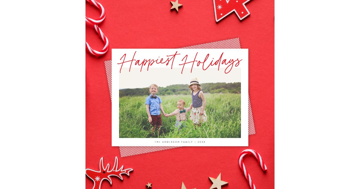 Modern Red & White Script Happiest Holidays Photo Holiday Card | Zazzle