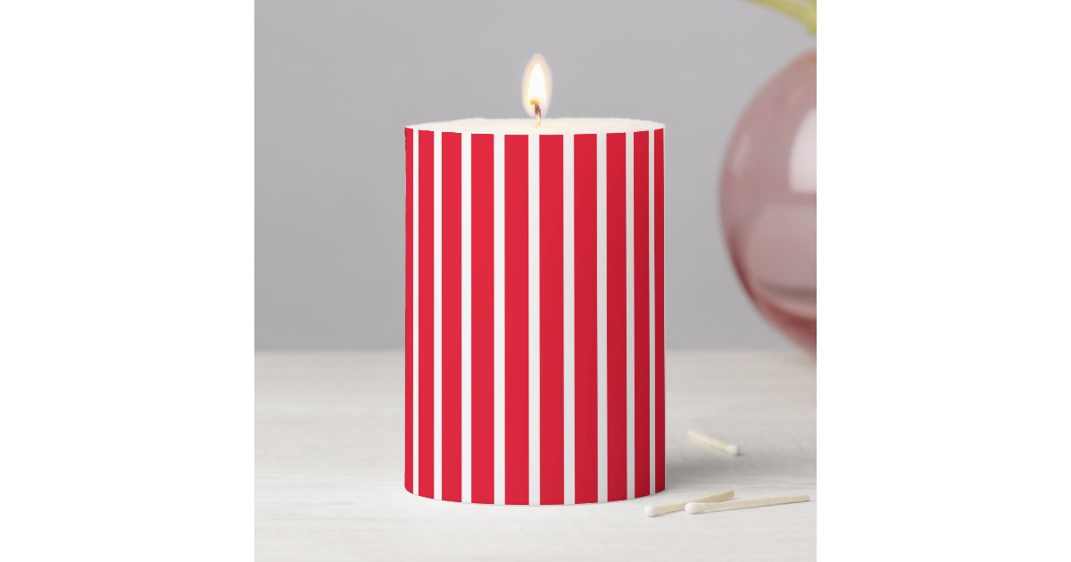 Modern red white vertical stripes pattern holiday pillar candle | Zazzle