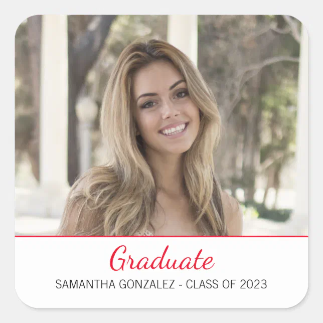 Modern Red With Photo Graduation Square Sticker | Zazzle