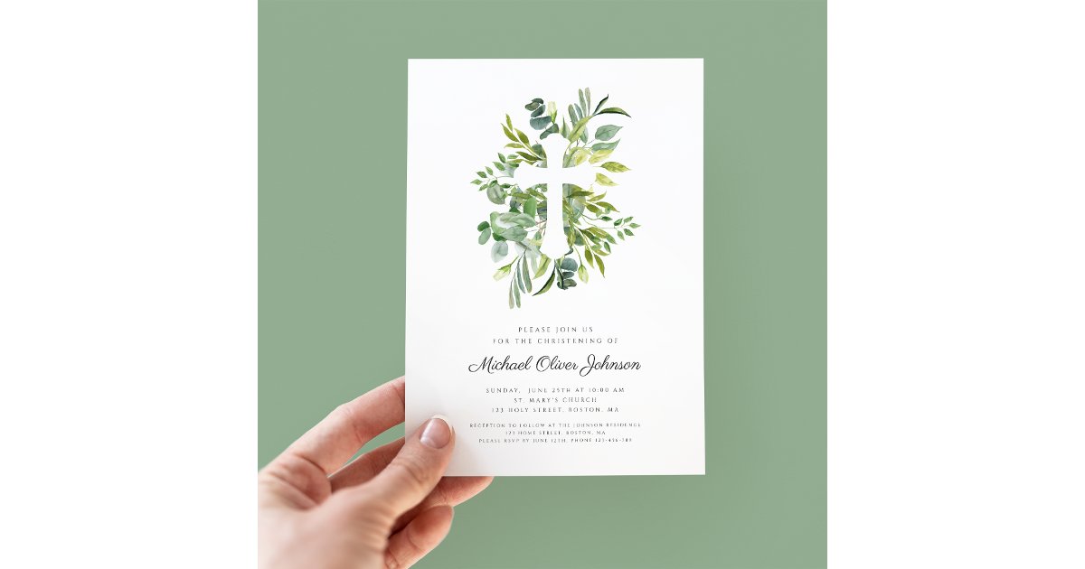 Modern Religious Cross Greenery Christening Invitation | Zazzle