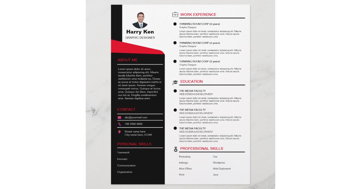 Modern Resume Template Customizable Photo RED CV Letterhead | Zazzle