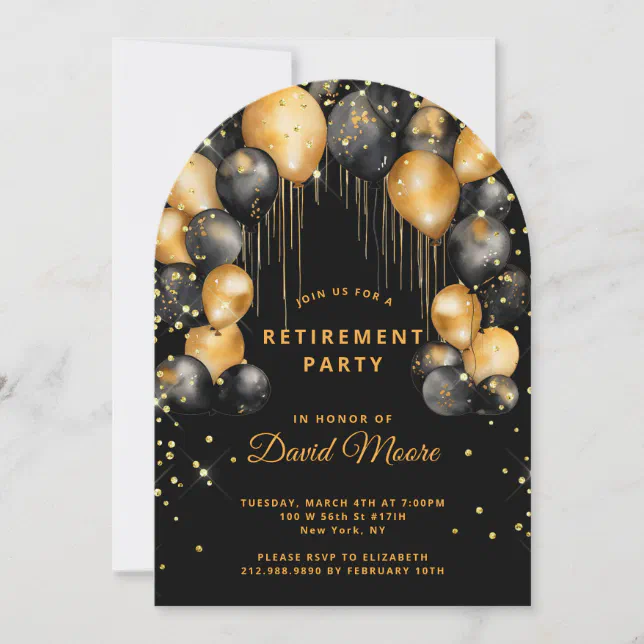 Modern Retirement Party Black Gold Glitter Arch Invitation | Zazzle