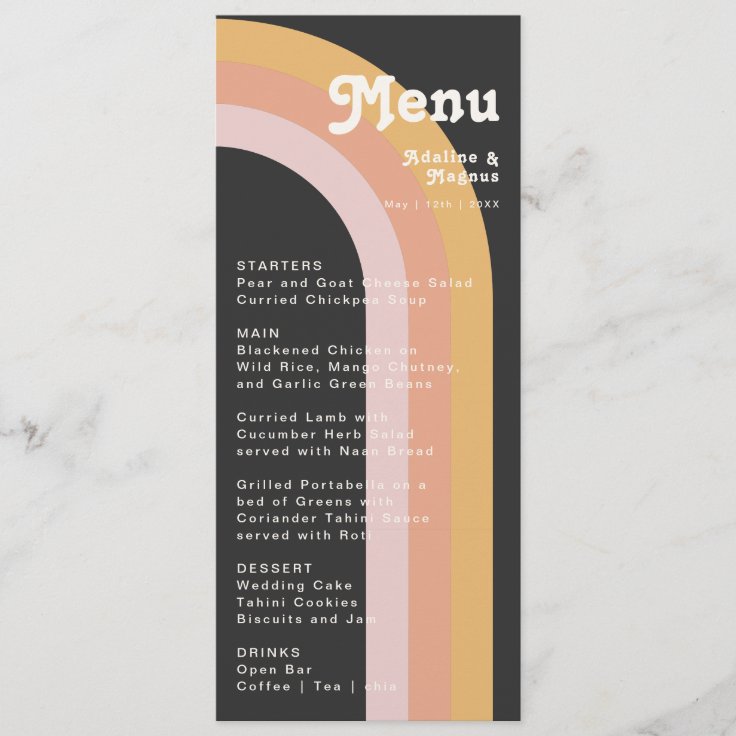 Modern Retro 70's Rainbow Dark Wedding Dinner Menu | Zazzle