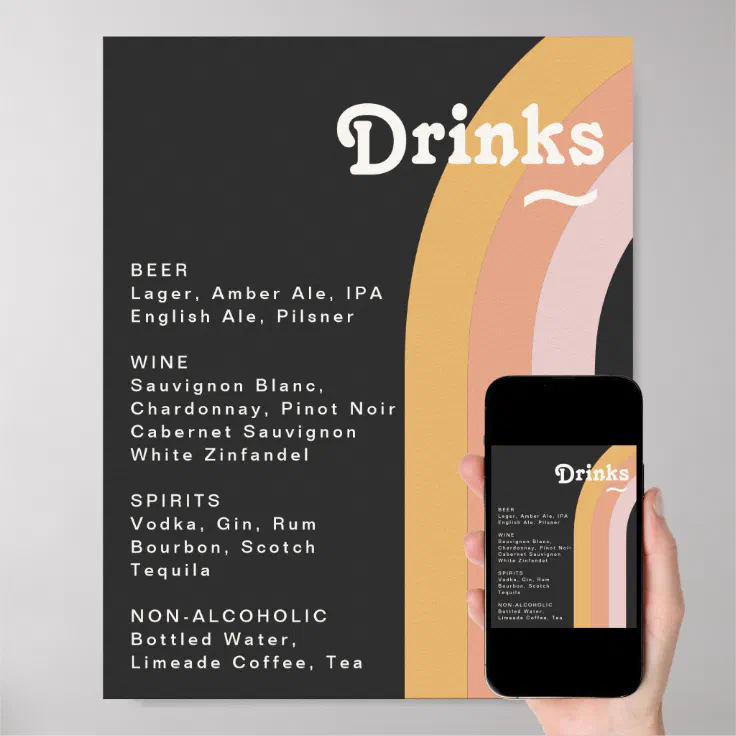 Modern Retro 70's Rainbow Dark Wedding Drinks Menu Poster | Zazzle