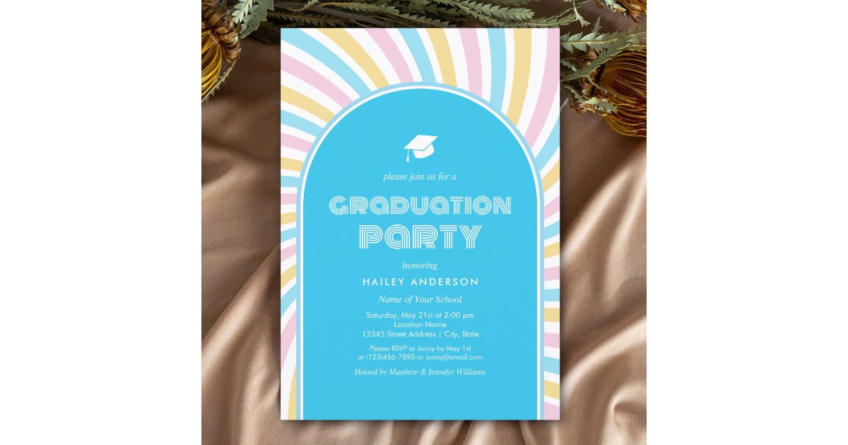 Modern Retro Blue Arches 80s Graduation Invitation | Zazzle