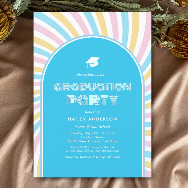 Modern Retro Blue Arches 80s Graduation Invitation | Zazzle
