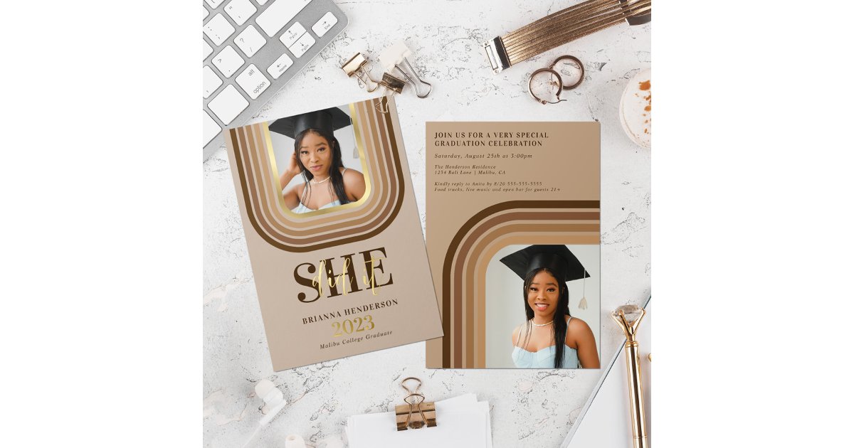 Modern Retro Brown and Neutral Graduation Foil Invitation | Zazzle