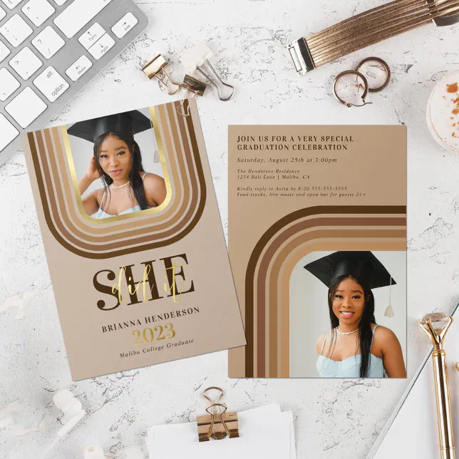 Modern Retro Brown and Neutral Graduation Foil Invitation | Zazzle