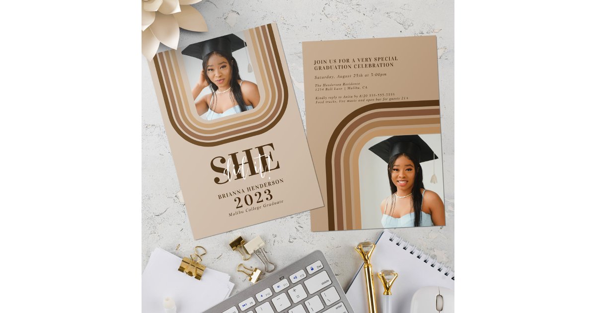 Modern Retro Brown and Neutral Graduation Invitation | Zazzle