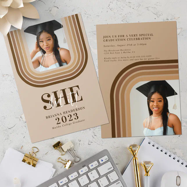 Modern Retro Brown and Neutral Graduation Invitation | Zazzle