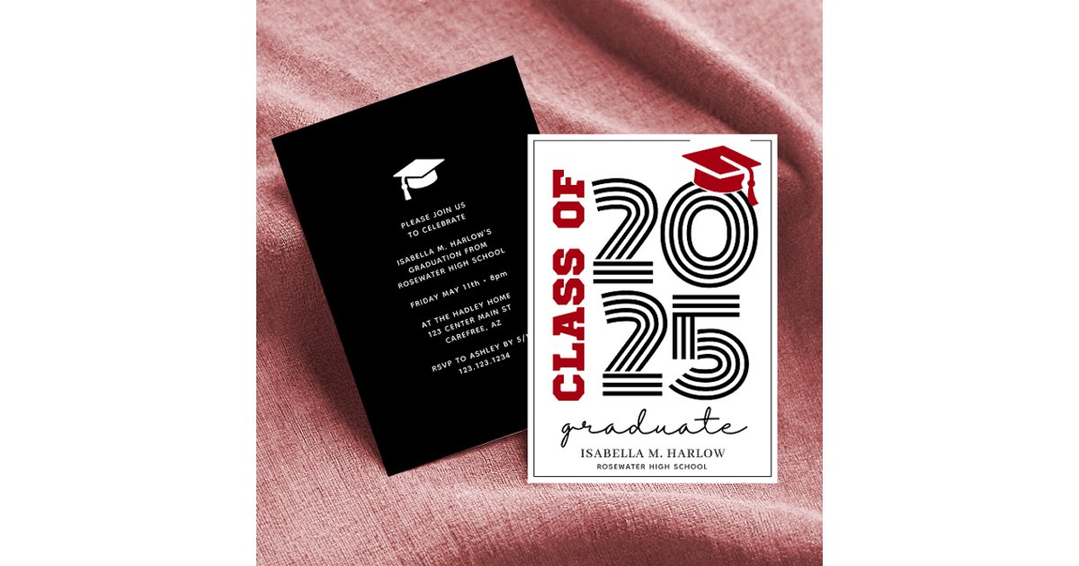 Modern Retro Class of 2025 Red and Black Grad Invitation | Zazzle