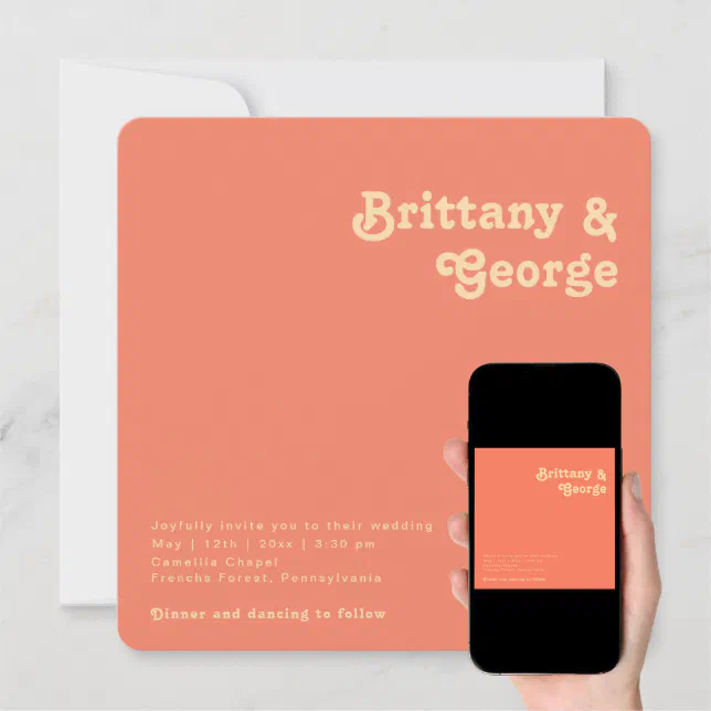 Modern Retro | Coral Square Rounded Edges Wedding Invitation | Zazzle