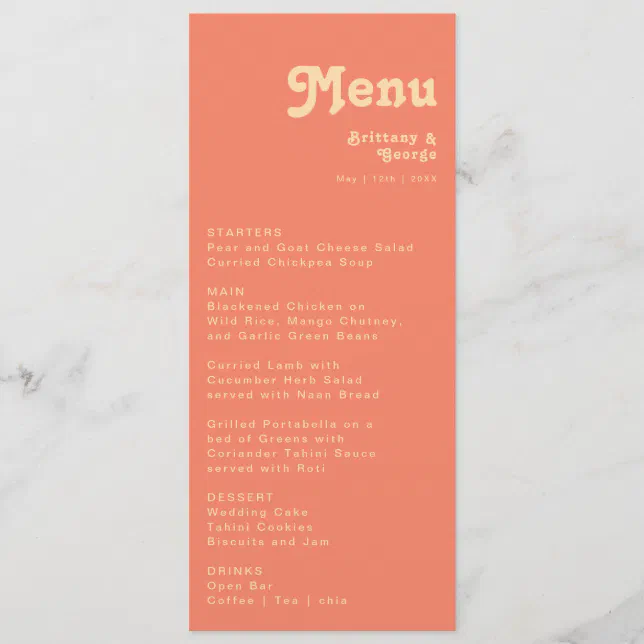 Modern Retro | Coral Wedding Dinner Menu | Zazzle