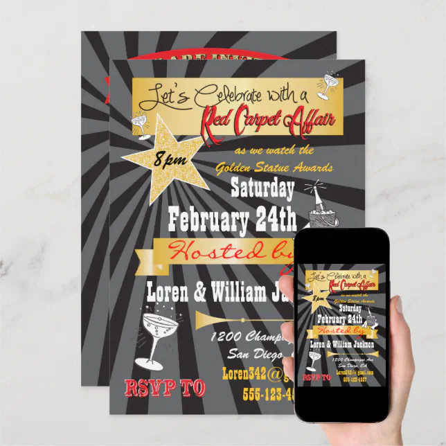 Modern retro Hollywood Red Carpet Party Invitation | Zazzle