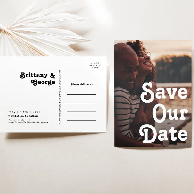 Modern Retro Lettering Save Our Date Photo Invitation Postcard | Zazzle