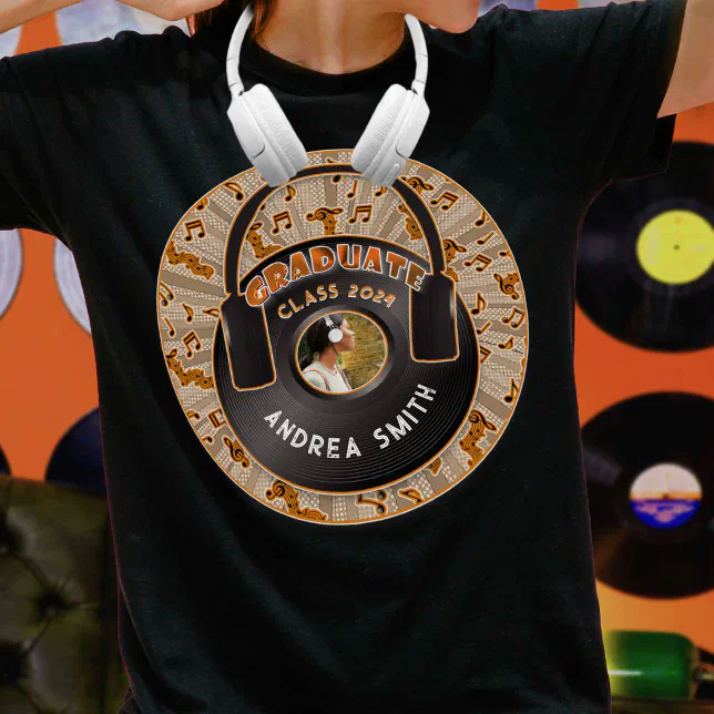 Modern Retro Music Vinyl Record Grad Photo Black T-Shirt | Zazzle