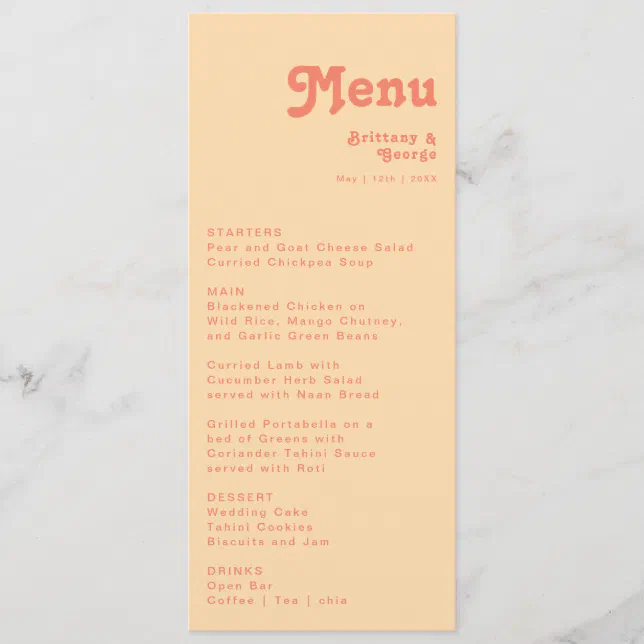 Modern Retro| Orange Cream Wedding Dinner Menu | Zazzle