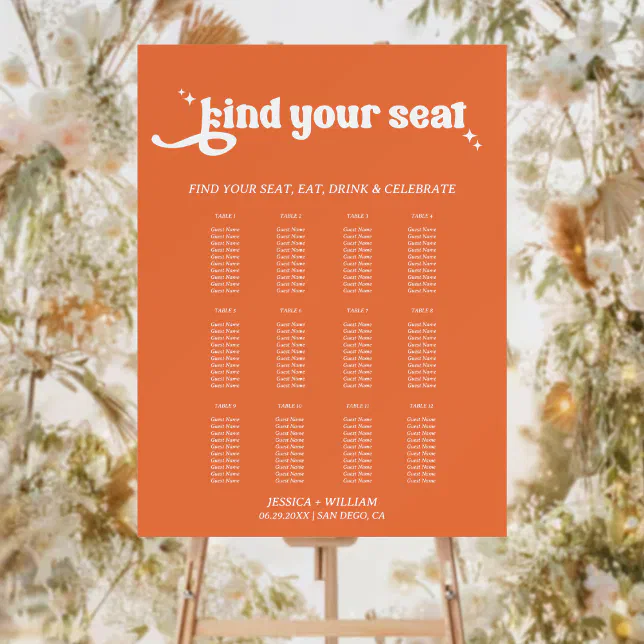 Modern Retro Orange Wedding Seating Chart Foam Board | Zazzle