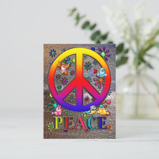 Modern Retro Peace Sign Text Birds & Flowers II Postcard | Zazzle