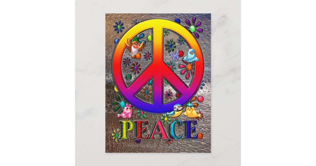 Modern Retro Peace Sign Text Birds & Flowers II Postcard | Zazzle