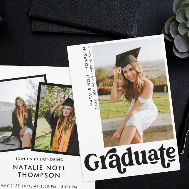 Modern Retro Photo Modern Groovy Cool Graduation Announcement | Zazzle