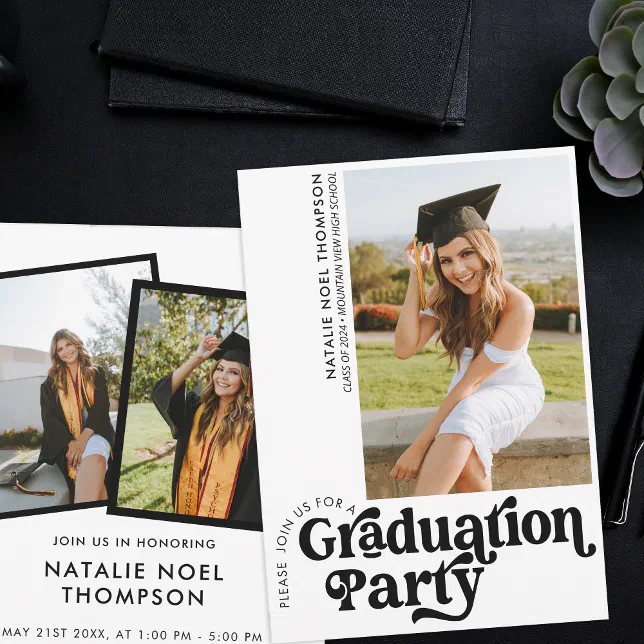 Modern Retro Photo Modern Groovy Graduation Party Invitation | Zazzle