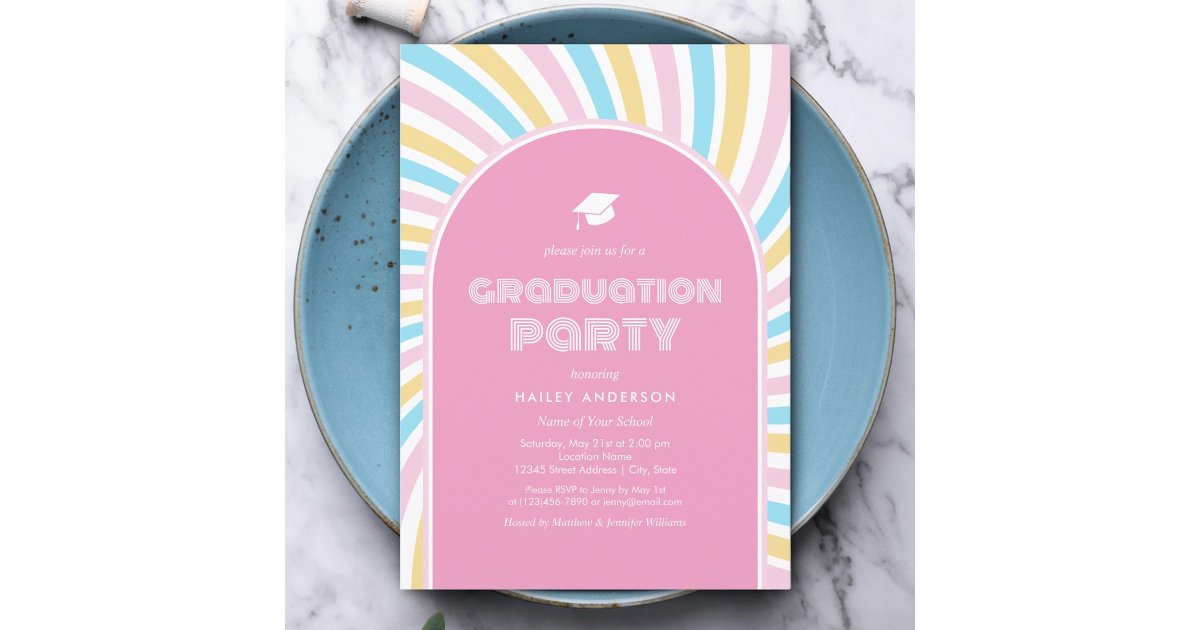 Modern Retro Pink Arches 80s Graduation Invitation | Zazzle
