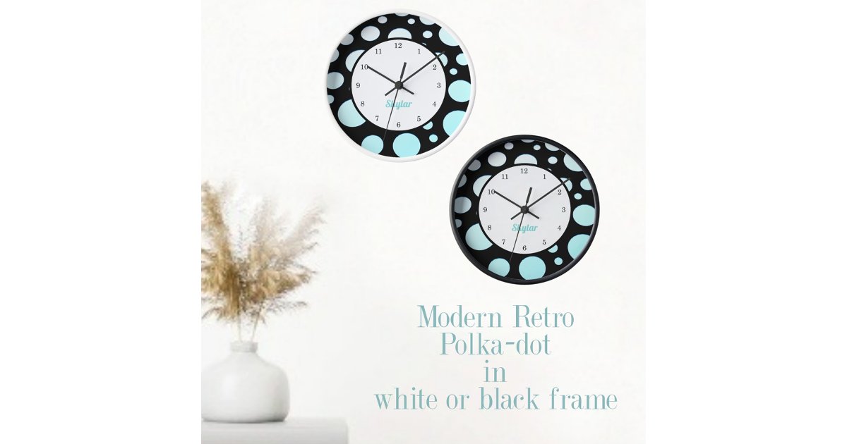 Modern Retro Polka-dots Blue White and Black Clock | Zazzle